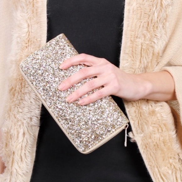 None | Bags | Nwt Beautiful Faux Leather Shimmering Gold Glitter Wallet ...